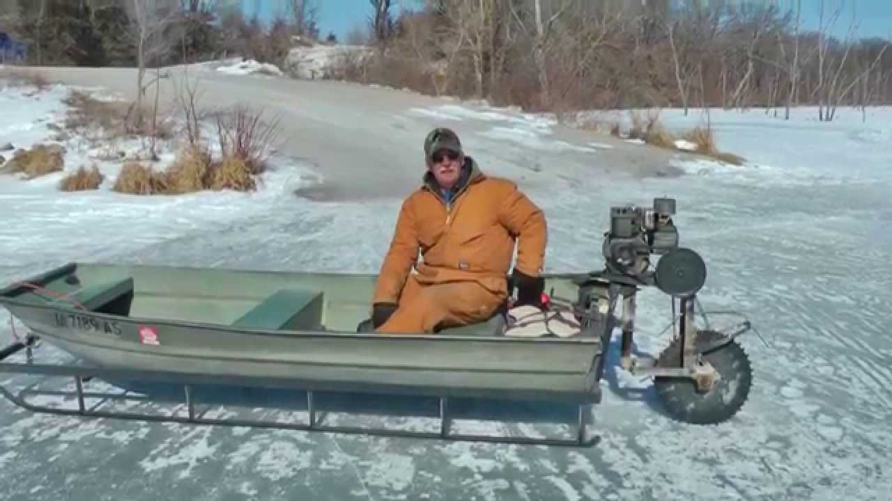 Saw Blade Powered Jon Boat Ice Sled Thing - Crazy Ice Sled